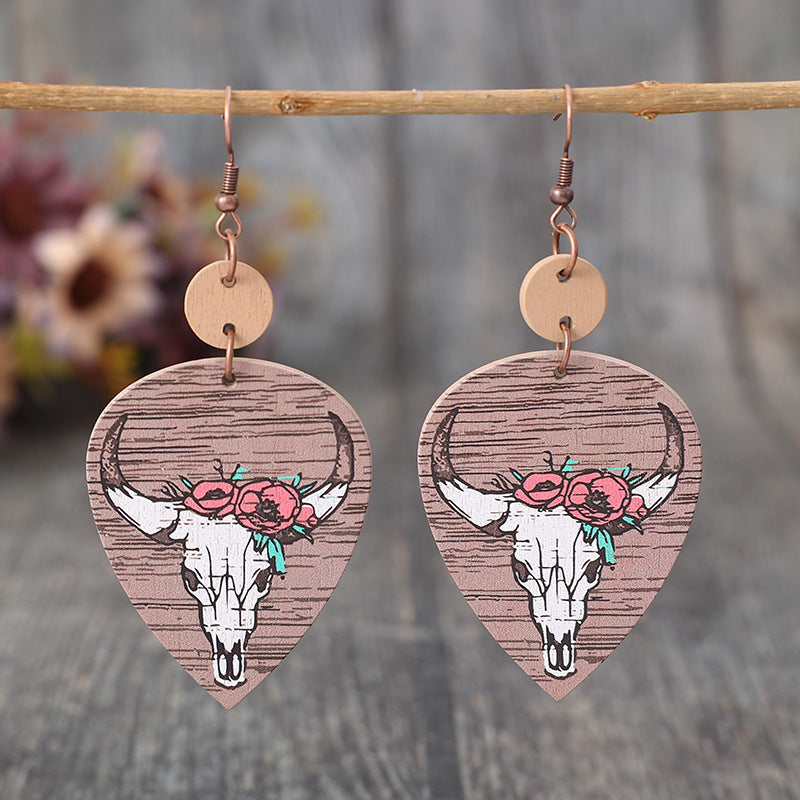Bull Head Rose Print Wooden Earrings E8482 – Ole